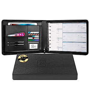 Inkline 7 Ring Check Binder Portfolio -Professional PU Leather Binder with Zippered Closure -500 Check Capacity -9x13 Inch Sheets -Document & Card Organizer - Large Tablet Pocket - Black (80001)