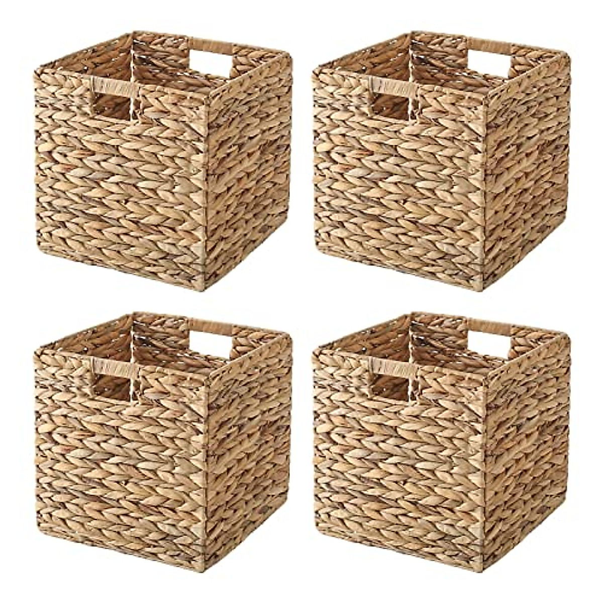 VK Living Foldable Handwoven Water Hyacinth Storage Baskets Wicker Cube Baskets Rectangular Laundry Organizer Totes for Bedroom, Living Room,Nursery Room, Shelves, Pantry 4 Pack 11.8x11.8x11.8inch