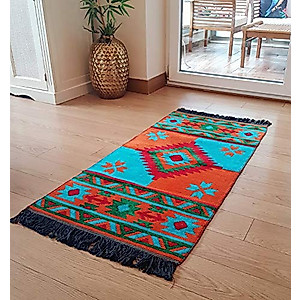 Secret Sea Collection, Mexican Area Rug, Washable Reversible Entrance Kitchen Bathroom Living Room Bedroom Dinning Room Country Farmhouse Authentic (2' x 4' ft, Red,Orange-Turquoise)