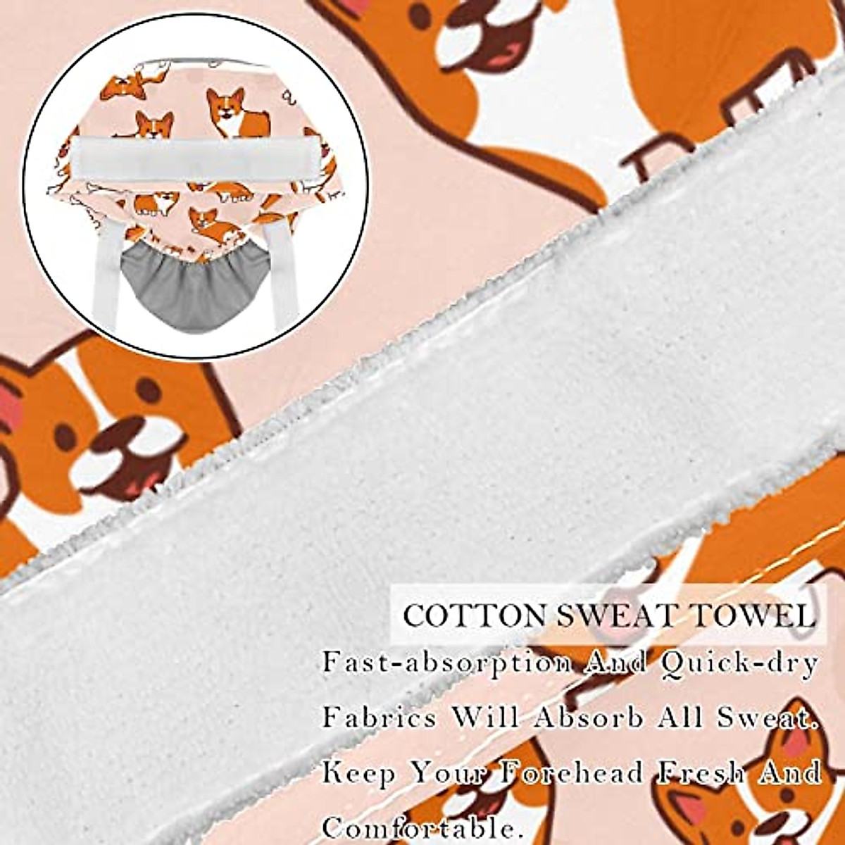 Pink Corgis Dog Scrub Hats for Women Long Hair, Working Cap with Button & Sweatband, Unisex Tie Back Hats 2 Packs