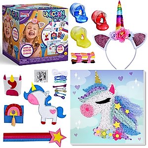 Klever Kits Unicorn Gifts Girls DIY Craft Kit Including 1 Large String Art Board, 1 Unicorn Flower Headband, 3 Unicorn Glitter Slime and Unicorn Sewing Kits, Art & Crafts Project Kit for Kids Girls
