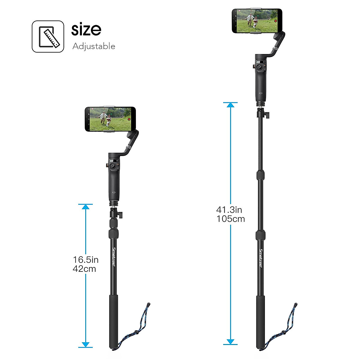 Smatree SmaPole DS1S Extendable Stick Compatible for DJI OM 4 SE/DJI OM 5/DJI OM6/DJI OSMO Action 2/DJI OSMO Action 3/G*Pro 12/11/10/Max/9/8/Cell Phone