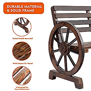 LOVIN&HUGIN Wagon Wheel Bench, Wooden Rustic Outdoor Patio Furniture, 2-Person Seat Bench with Backrest for Porch, Garden