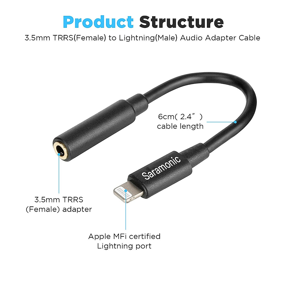 Saramonic 3.5mm TRRS to Lightning Female Adapter Cable, SR-C2002 3.5mm Micro Lightning to Apple Cable MFi Certified Compatible with iPhone, iPad Smartphones and Tablets (6cm)