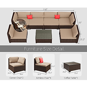 LHBcraft 7 Piece Patio Furniture Set, Outdoor Furniture Patio Sectional Sofa, All Weather PE Rattan Outdoor Sectional with Beige Cushion and Glass Table, Clips.