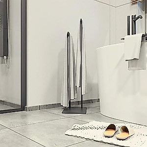 Eurotrend-US 2-Rail Towel Rack Holder - Stylish and Durable Free Standing Towels Storage Hook Solution for Your Bathroom or Pool - Double Bar Design for Ample Towel Hanging Space - Black