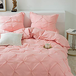 3 Pieces Bedding Duvet Cover Set, Pinch Pleated Queen Duvet Cover, Pintuck Comforter Quilt Cover with 2 Pillow Shams-Queen-90 X 90 inches-Pink