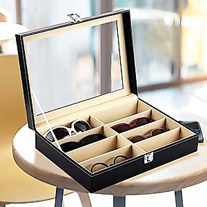 Siveit 8 Slot Sunglass Organizer Leather Eyeglasses Collector Eyewear Display Case Storage Box, Black