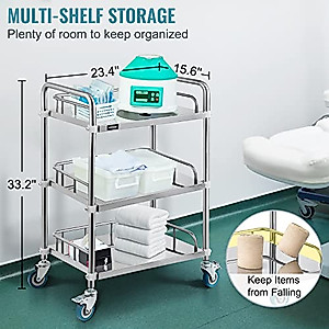 VEVOR Shelf Stainless Steel Utility Cart Catering Cart with Wheels Medical Dental Lab Cart Rolling Cart Commercial Wheel Dolly Restaurant Dinging Utility Services (3 Shelves)