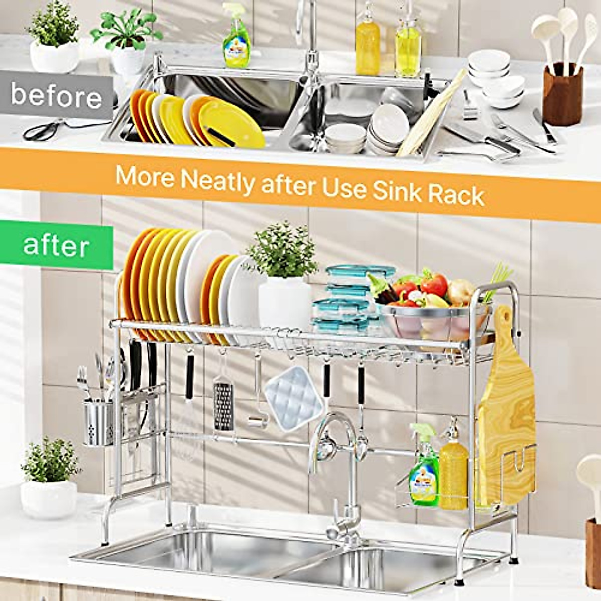 iSPECLE Over The Sink Dish Drying Rack Stainless Steel Dish Rack Above Sink Shelf Over Sink Drying Rack for Kitchen Counter, Silver