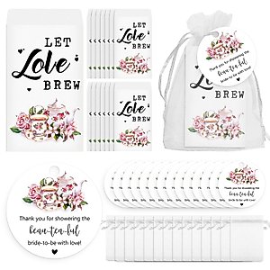 Skybooly 50 Sets Bridal Shower Tea Party Favors for Guests Include 50 Tea Bags Tea Packets Self Adhesive Kraft Paper Envelopes 50 Thank You Tags Organza Bags Tea Party Favors Wedding Favors (No Tea)