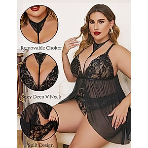 Avidlove Black Lingerie Plus Size V Neck Lace Nighty Sexy Mesh Sleepwear 4X-Large