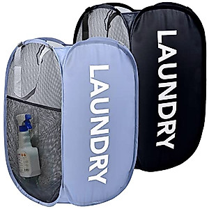 Pop-up Laundry Hamper, Foldable Pop-up Mesh Hamper Dirty Clothes Laundry Basket Collapsible for Storage and Easy to Open With Durable Handles (2, Black+Grey)