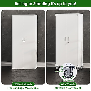 Aobabo Upgraded White Metal Storage Cabinet with Pegboard, 72In Rolling, Lockable Cabinet with 2 Doors & 4 Shelves for Office & Home， Assembly Required