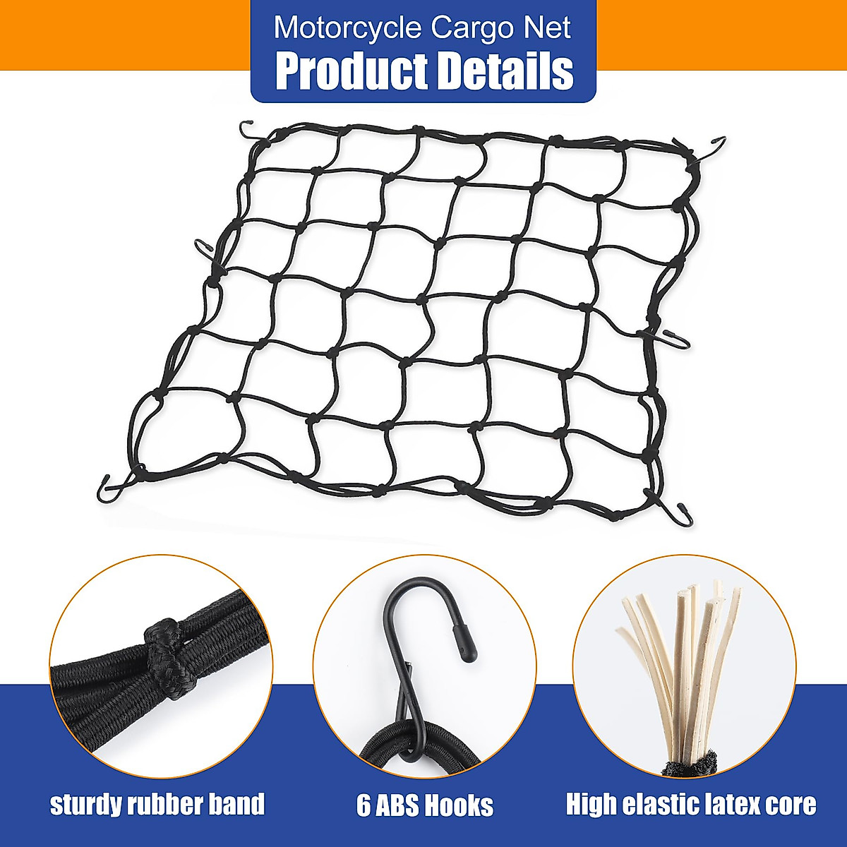 Amiss 15"x15" Elastic Motorcycle Cargo Net, Heavy Duty Bungee Net with 6 Adjustable Plastic Hooks, Luggage Thicken Netting with 2"x2" Small Mesh, Fit for Trailer, SUV, Motorcycle, ATV, Bike - Black