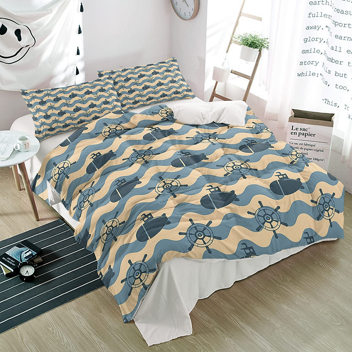 California King Duvet Covers Nautical Rudder Submarine 3-Piece Bedding Sets Luxury Soft Microfiber Bed Comforter Protector with Pillow Cases for Women Men Girl Boy Water Ripple Stripes