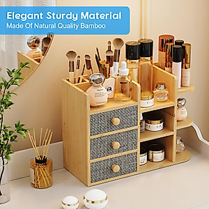 Makeup Organizer Countertop, Cosmetic Skincare Organizers With 3 Makeup Brush Holders/3 Drawers/7 Storage Shelves, Elegant Bamboo Make Up Storage Organizers Holder For Counter Vanity Dresser Bathroom