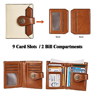 BROMEN Small Wallets for Women RFID Blocking Leather Bifold Purse Zipper Coin Pocket Credit Card Holder with ID Windows Beige Brown