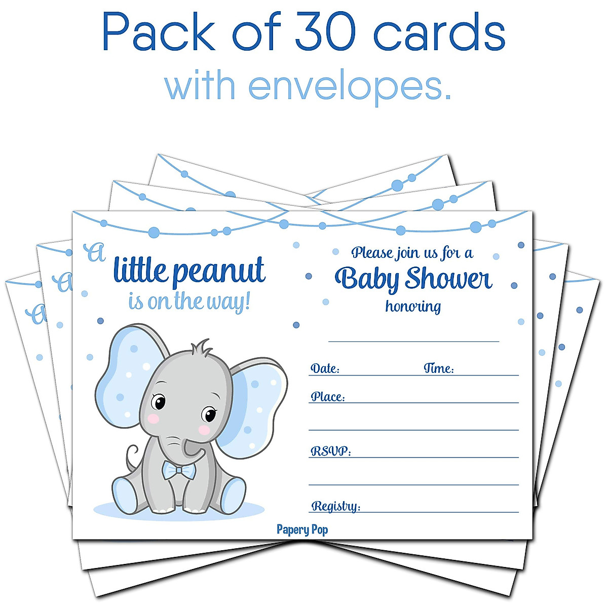 30 Baby Shower Invitations for Boy with Envelopes (30 Pack) - Elephant - Baby Boy Shower Invite Cards - Fits Perfectly with Blue Elephant Baby Shower Decorations and Supplies for Boys