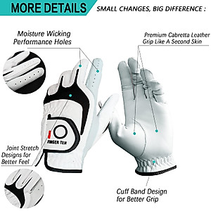 FINGER TEN Golf Gloves Men Right Left Handed Golfer 3/6 Pack Mens Golf Glove Left Right Hand Soft Cabretta Leather All Weather Grip Size S M ML L XL (White-3 Pack, Medium, Left)