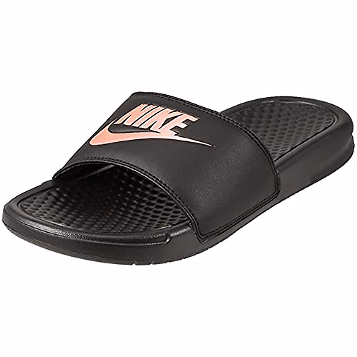 Nike Womens Benassi Just Do It Slide Sandal (BLACK/ROSE/GOLD, numeric_7)
