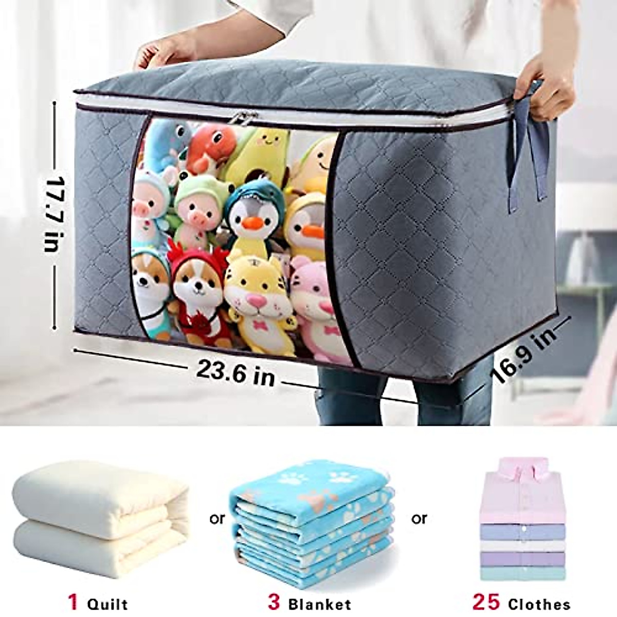 6 Pack Clothes Storage Bags Organizers- Durable, Foldable Clothing Storage Bags with Zipper and Sturdy Handles- 90L Large Storage Bags for Clothes, Pillows, and More- Blanket Storage Bags- Gray