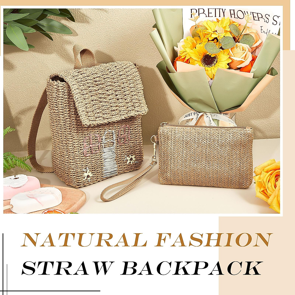 Silkfly 2 Pcs Kids Straw Small Backpack and Straw Clutch Bag Handbag Backpack Girls Straw Woven Bag Mini Woven Bag Bohemian Straw Clutch Bag Cute Little House Straw Backpack for Kid Girls