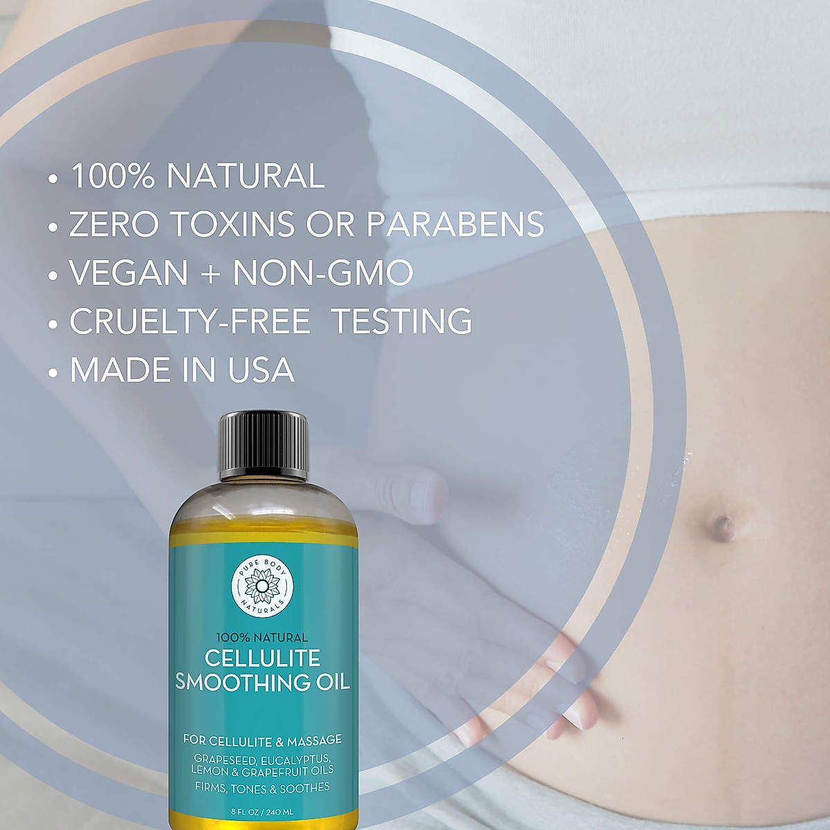 Pure Body Naturals Anti Cellulite Massage Oil, 8 fl oz | 100% Natural Cellulite Remover Oil for Thighs and Butt Firming | Chemical Free Body Oil for Skin Tightening and to Reduce Stretch Marks