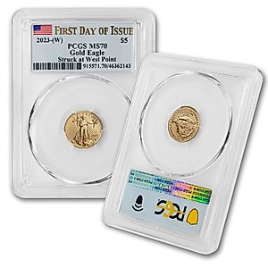 2023 (W) 1/10 oz American Eagle Gold Bullion Coin MS-70 (First Day of Issue - Struck at West Point - Flag Label) 22K $5 PCGS MS70