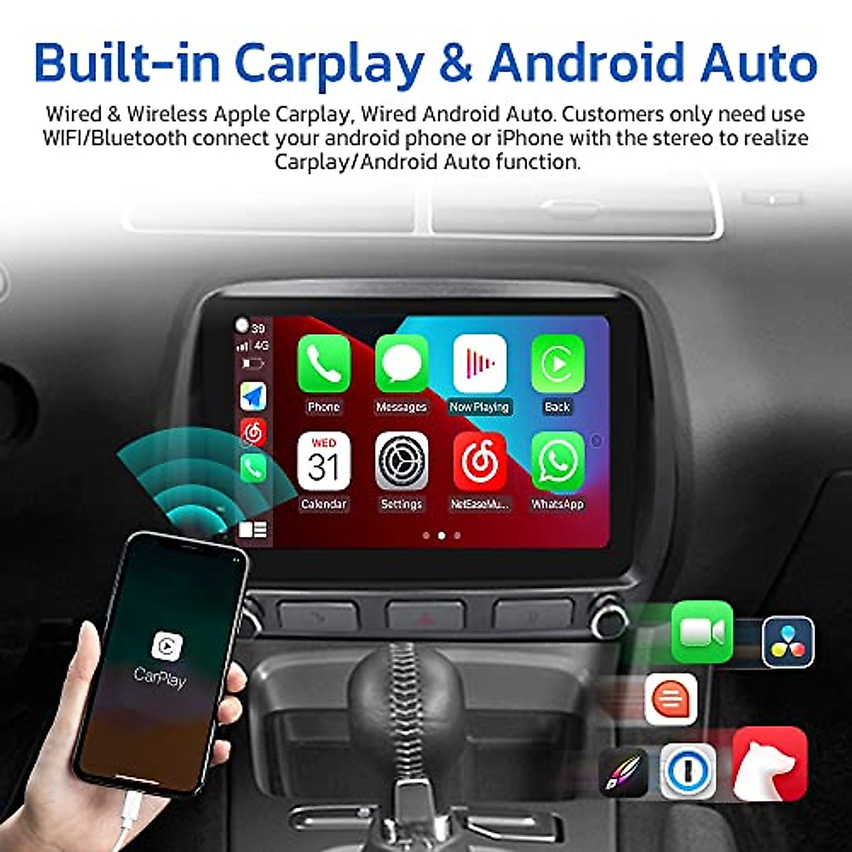 aoonav Android 10 inch Touch Screen car Radio for Chevrolet Camaro 2010 2011 2012 2013 2014 2015, GPS Navigation 4GB+64GB Support with carplay/bluetooth/4G/DSP Head Unit Stereo