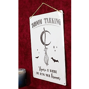Ebros Gift Halloween Witchcraft Wicca Occult Witch Broom Parking Home Is Where You Hang Your Broom Bats Stars And Crescent Moon Wall Hanging Sign Plaque Kitchen Home Decorative Signs