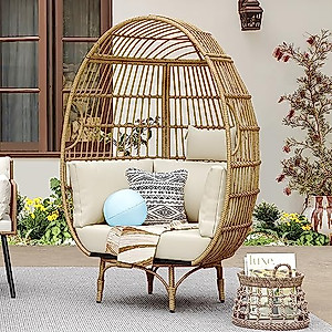 YITAHOME Swivel Outdoor Egg Chair, Wicker Patio Rotating Basket Chair with 370lbs Capacity, All-Weather Oversized Stationary Egg Lounger Chair for Indoor Living Room Outside Balcony Backyard (Beige)