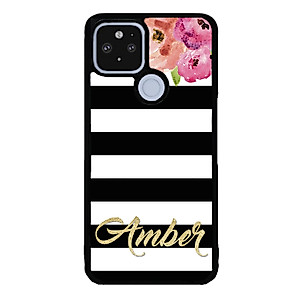 Golden Gold Personalized Flowers Black White Black Rubber Phone Case Compatible With Google Pixel 8 Pro, 8a, 8, 7a, 7, Pixel 7 Pro, 6a, Pixel 6 Pro, 6, 5, 4a 5G, 4a 4G, 4, 4 XL, 3a, 3a XL, 3