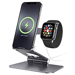apiker Phone Stand Designed for MagSafe, 2-in-1 Foldable Adjustable Aluminum Desktop Phone Charging Station for iPhone 13/12 Mini Pro Max, Apple Watch 7/6/5/4/3, Charger Not Included (Grey)