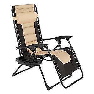 Naomi Home Oversized Zero Gravity Folding Lounge Chair, Padded Reclining Patio Chair with Adjustable Headrest and Cupholders, Recliner Beach Chairs for Adults Support 300lbs - Cream