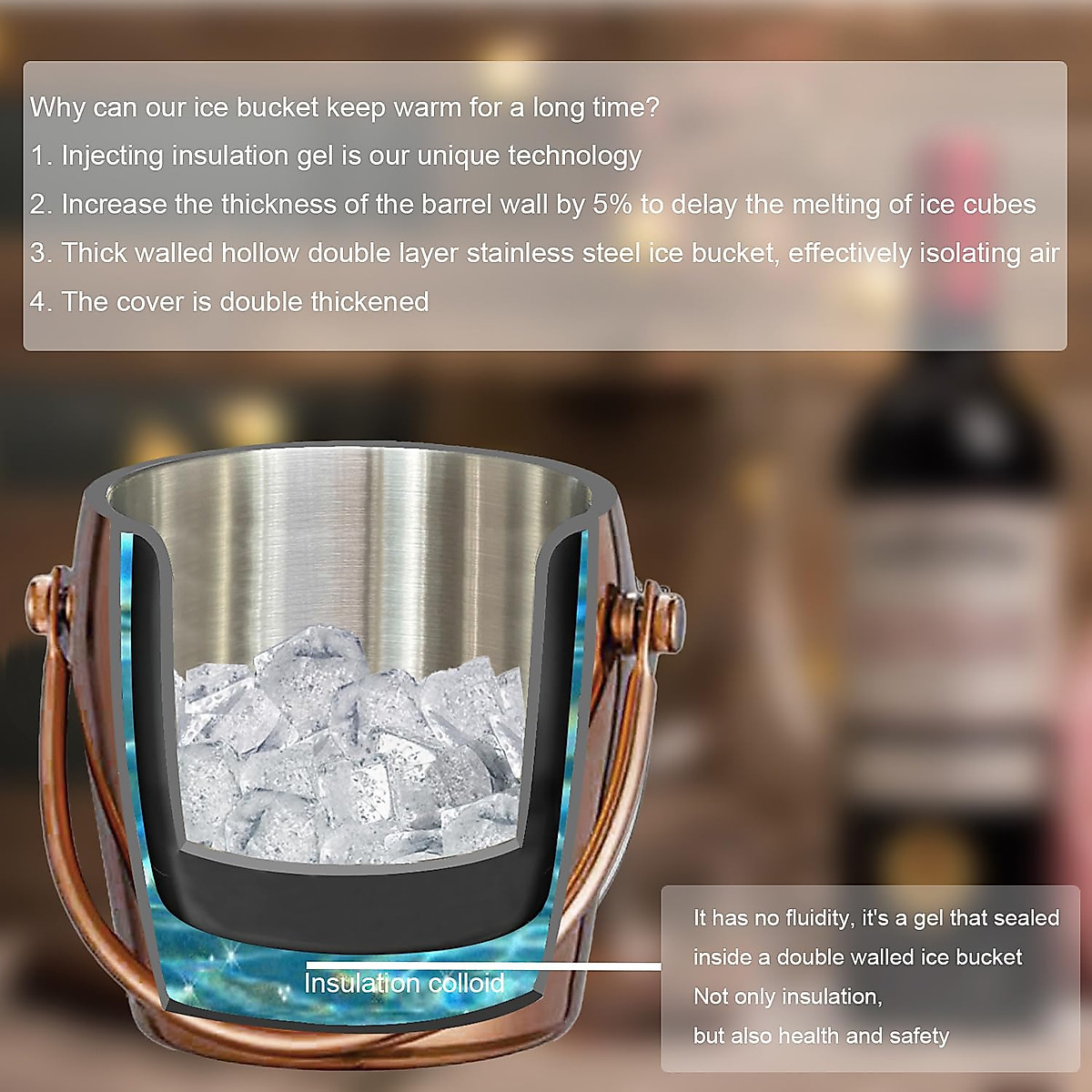 Ice Bucket Champagne Bucket with Tongs Scoop Lid, Double Wall Wine Bar Freezer Ice Bucket with Stand&Carrying Handle, Stainless Steel Mirror Bucket Champagne Bucket for Parties Bar Home,2L(Rose gold)