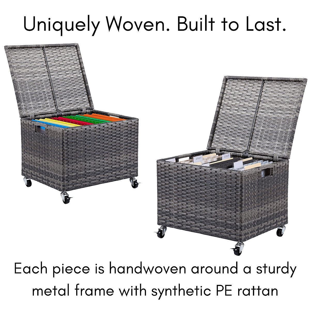 BIRDROCK HOME Rolling File Box - Storage Cabinet with Wheels - Weatherproof Rattan-Style Resin Deck Chest for Garden, Home and Office - Organize Cushions, Toys, and Accessories - Storage Box - Grey