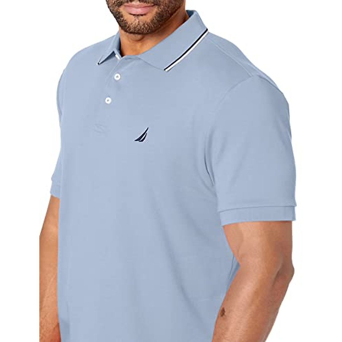Nautica Men's Classic Fit Short Sleeve Dual Tipped Collar Polo Shirt, Lake City Blue, Large