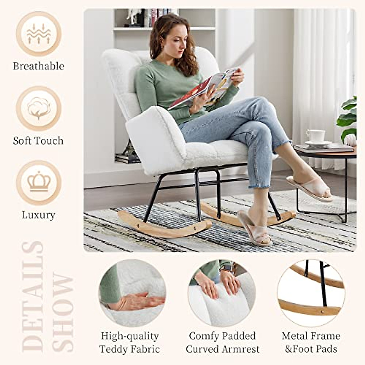 NIOIIKIT Nursery Rocking Chair Teddy Upholstered Glider Rocker Rocking Accent Chair Padded Seat with High Backrest Armchair Comfy Side Chair for Living Room Bedroom Offices (Ivory Teddy)