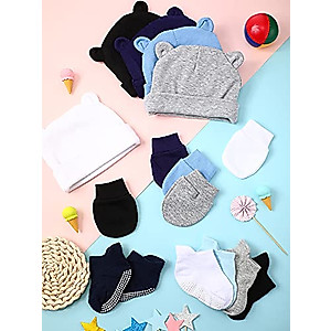 Baby Ears Newborn Hats Mittens and Socks Set for Boys Girls Beanie Hat 0-6 Month (White, Black, Gray, Light Blue, Navy Blue,5 Set)