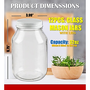 JOE'S Regular Mouth Mason Jars 32oz [12 Pack] - Quart Size Jars with White Metal Lids, Ideal for Fermenting, Pickling, Storage, DIY Decors and Projects