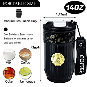 14oz Insulated Travel Tumblers with Lid, Travel Coffee Mug Stainless Steel Vacuum Thermos Cup, Leak Proof Reusable Cute Coffee Tumbler for Iced and Hot Drinks,Black