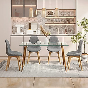 Tangkula 5 Pieces Dining Room Table Set, Modern Table & Chair Set for 5, 4 Grey Fabric Dining Chairs with Glass Dining Table for Small Living Room, Kitchen