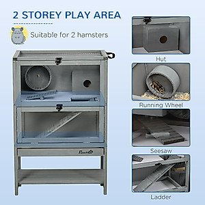 PawHut Wooden Hamster Cage with Storage Shelf, Large Hamster Cage Including Seesaw, Small Animal Cage with Sliding Tray, Wide Ramp for Racing, Running Wheel, 35.5" H