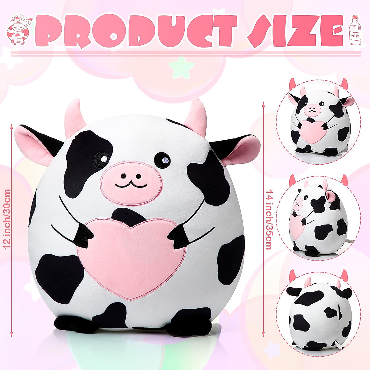 Leyndo Cow Plush Pillow 14 Inch Cow Stuffed Animal Toy Soft Cuddly Cow Stuffed Animal Plushie Kwaii Cow Plush Toys for Birthday Party Favor Christmas Bedroom Sofa Car Decorations