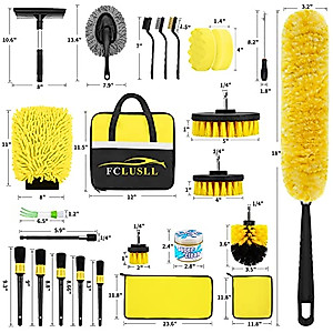 FCLUSLL 30Pcs Car Cleaning Tools Kit, Car Detailing Kit with 18inch Rim Wheel Brush, Detail Brushes, Wash Mitt, Interior and Exterior Auto Wheel Tire Brush Set (Yellow