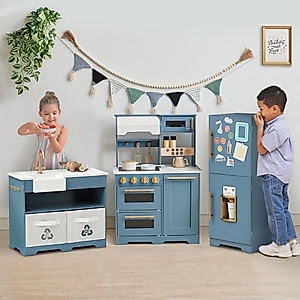Teamson Kids Little Chef Atlanta Large Modular Wooden Play Kitchen with Interactive, Realistic Features, and 17 Kitchen Accessories, for 3yrs and up, Blue/White/Gold