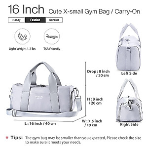 PHSYNI Compact Sports Gym Bag for Women and Men, Cute Mini Duffle Bag with Wet Pocket & Shoes Compartment, Personal Item Travel Workout Bag, 16"-Small, Grey