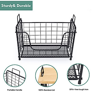 HEOMU Countertop Basket for Kitchen, Bread Vegetable Fruit Organizer Bin With Bamboo Lid, Metal Rectangular Wire Basket for Pantry Cabinet