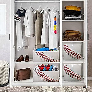 RunningBear Baseball Leather Storage Basket Storage Bin Square Collapsible Shelves Basket Foldable Fabric Cube Organizer for Living Room Car